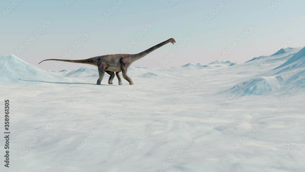 Dinosaur. Prehistoric snow landscape, ice valley with Dinosaurs. Arctic ...