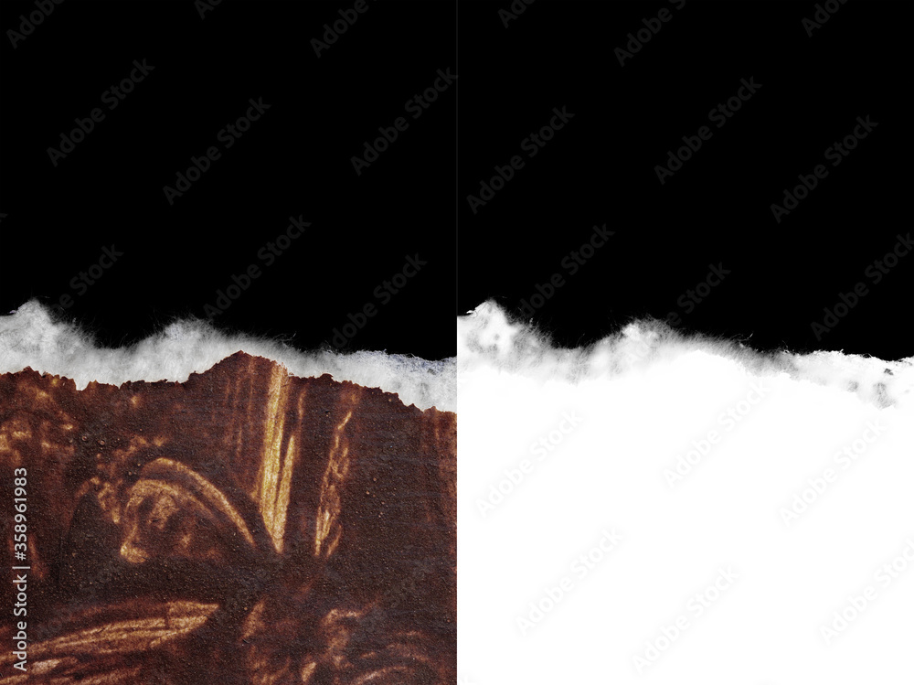 old burned paper with teared edges and luma mask on black background ...