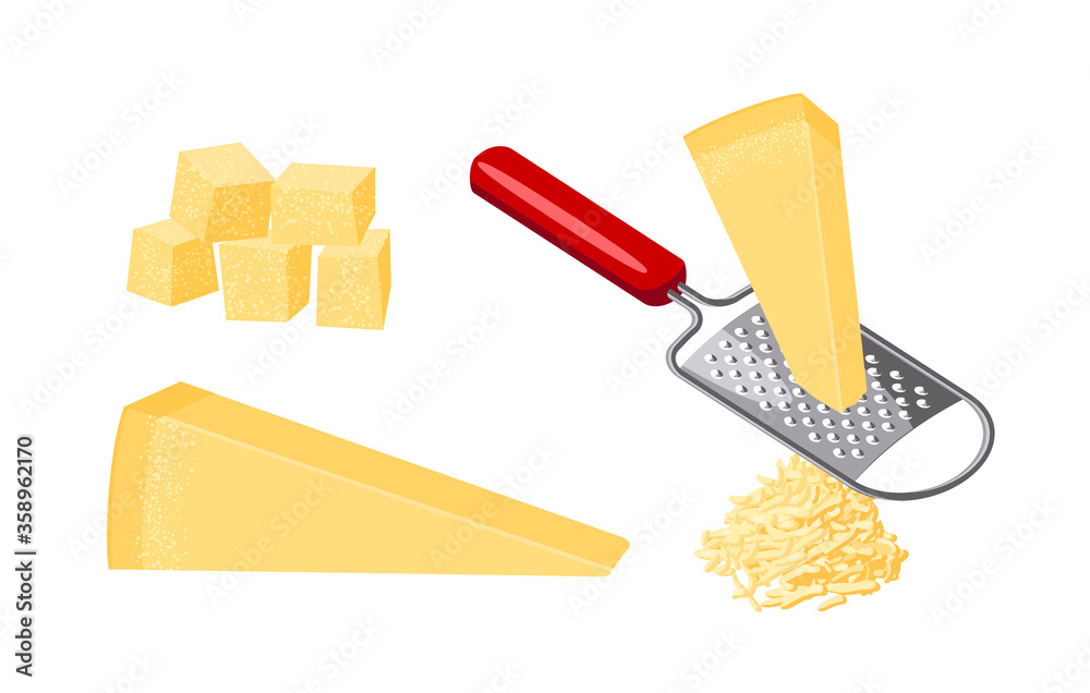Food preparation: grating piece of parmesan cheese. Vector illustration ...