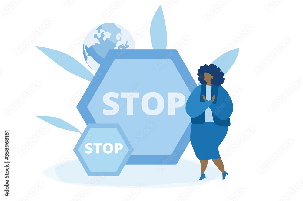 Stop racism sign with black woman, afro american woman. Vector ...
