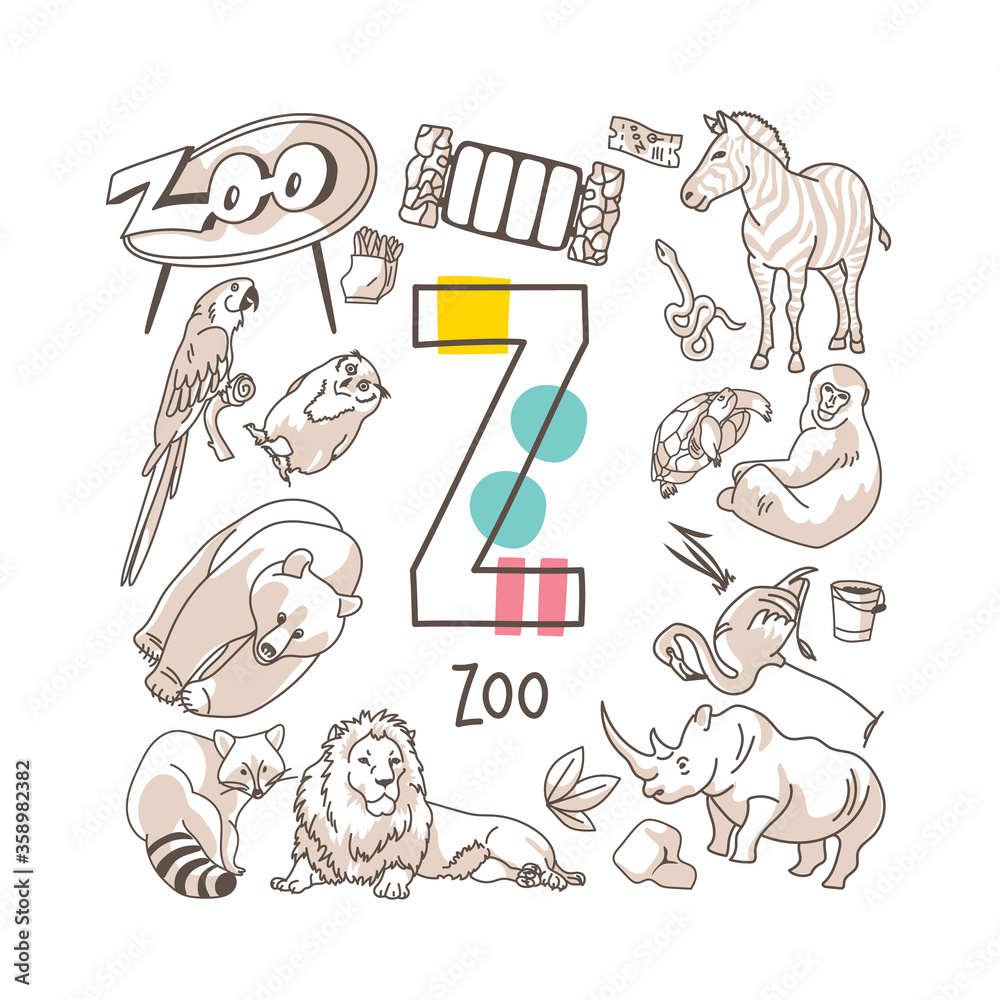 Letter Z - Zoo, cute alphabet series in doodle style Stock Vector ...