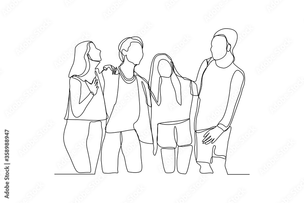 Continuous line drawing of men and women embrace together in friendship ...