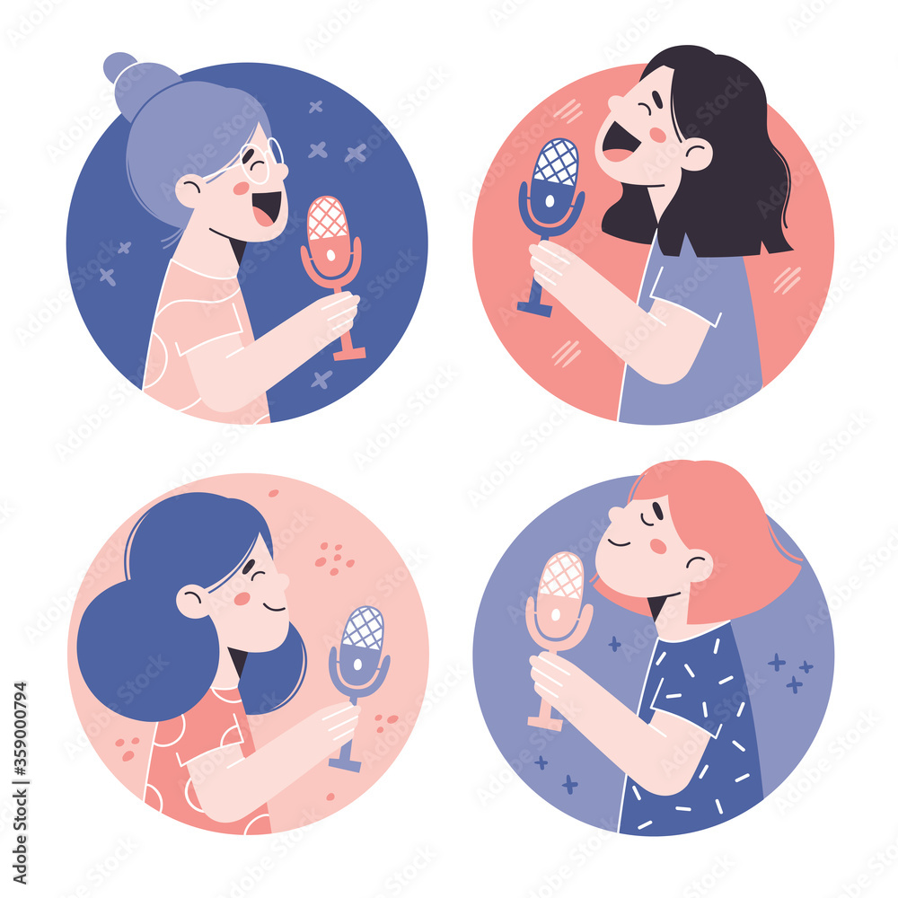 Vector podcast minimal girls characters talking and laughing with the ...