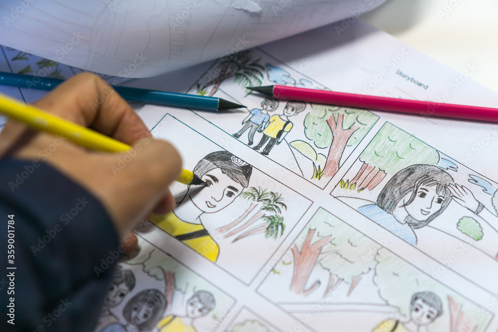 Creator Drawing Storyboard of production or film movie, storyboarded ...