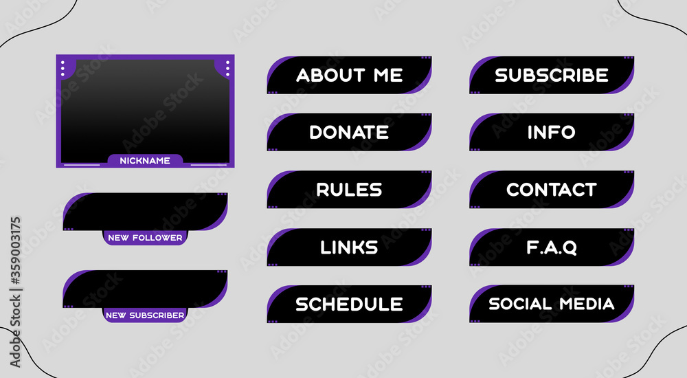 Twitch set of modern black-purple gaming panels and overlays for live ...