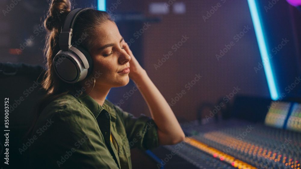 Portrait of Beautiful Female Artist Musician in Music Recording Studio ...
