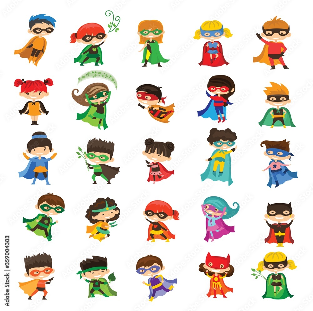 Cartoon vector illustration of Kid Superheroes wearing comics costumes ...