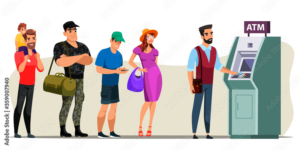 People standing in turn to ATM machine, banking operations Stock Vector ...