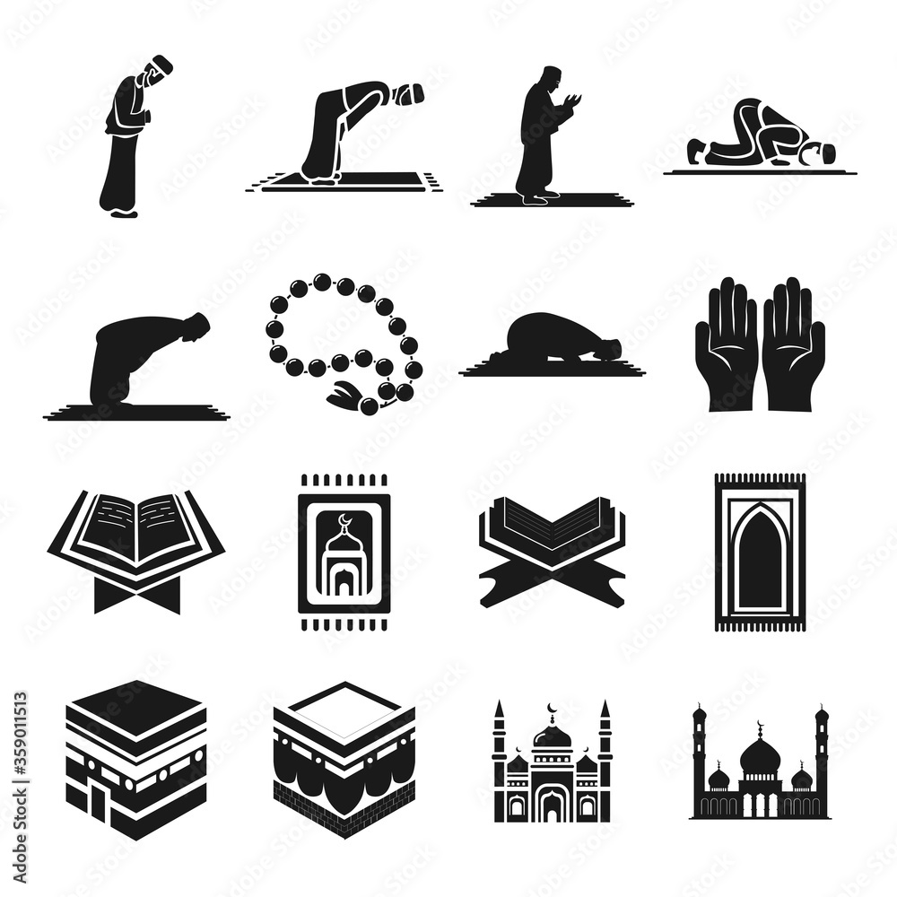 Muslim islam prayer icon set with mosque, koran, hadj, kaaba, carpet ...