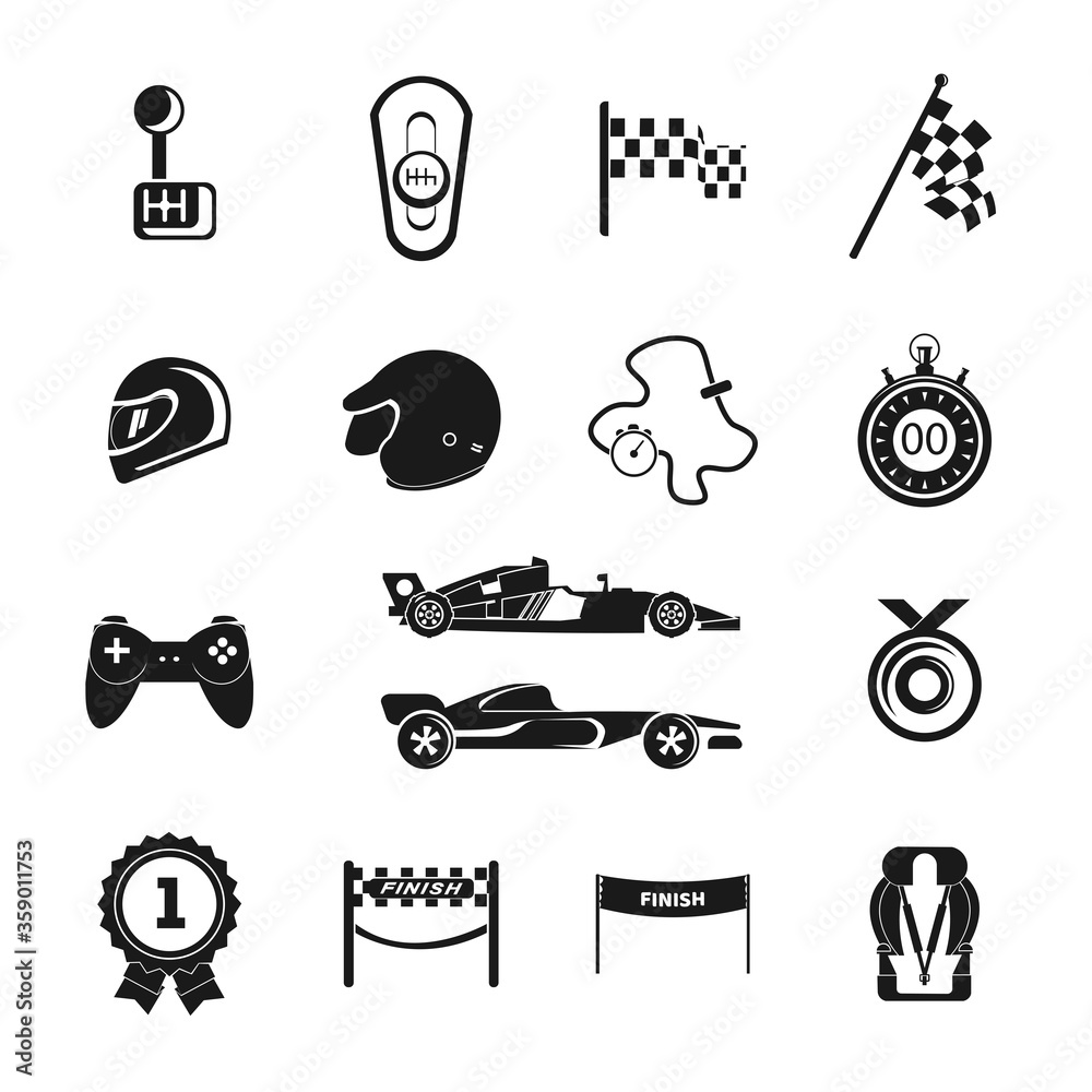 Auto sport grand prix racing icon set with bolide trophy helmet ...
