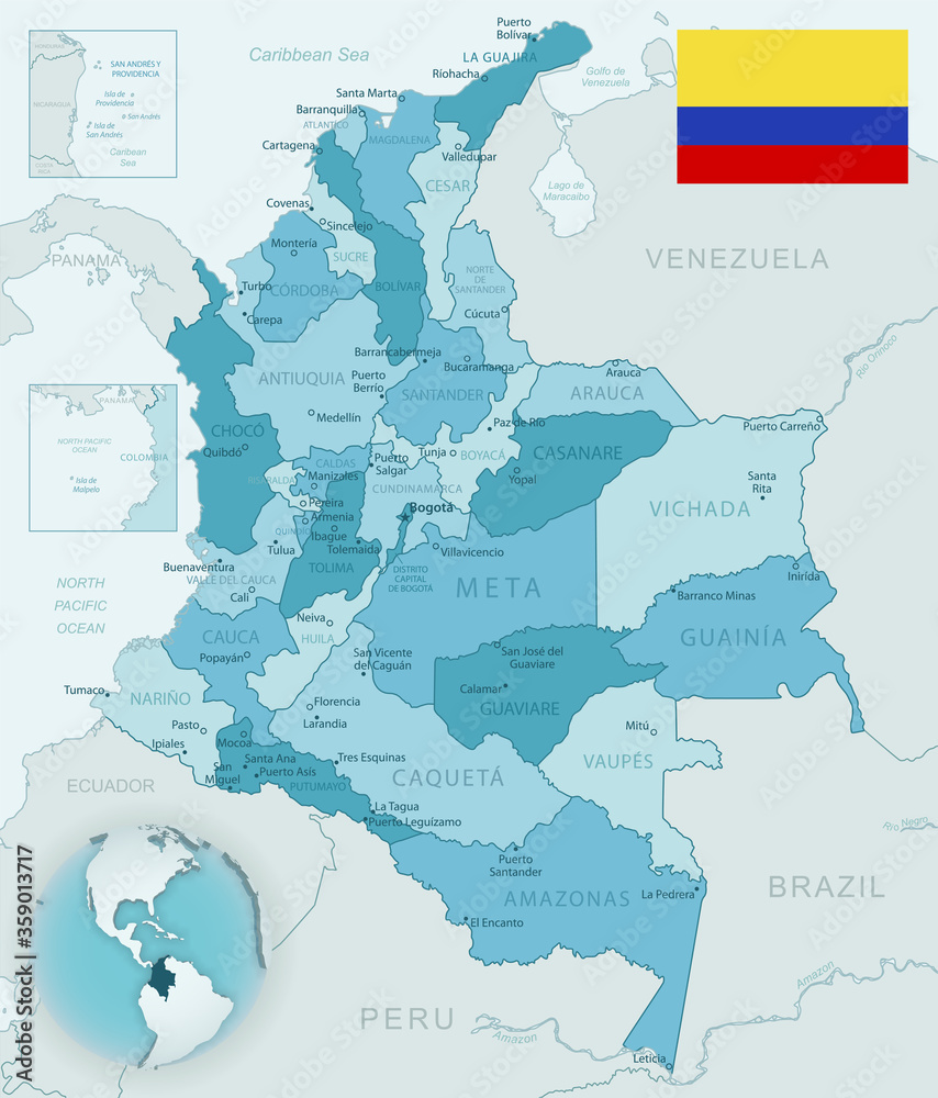 Blue-green detailed map of Colombia administrative divisions with ...