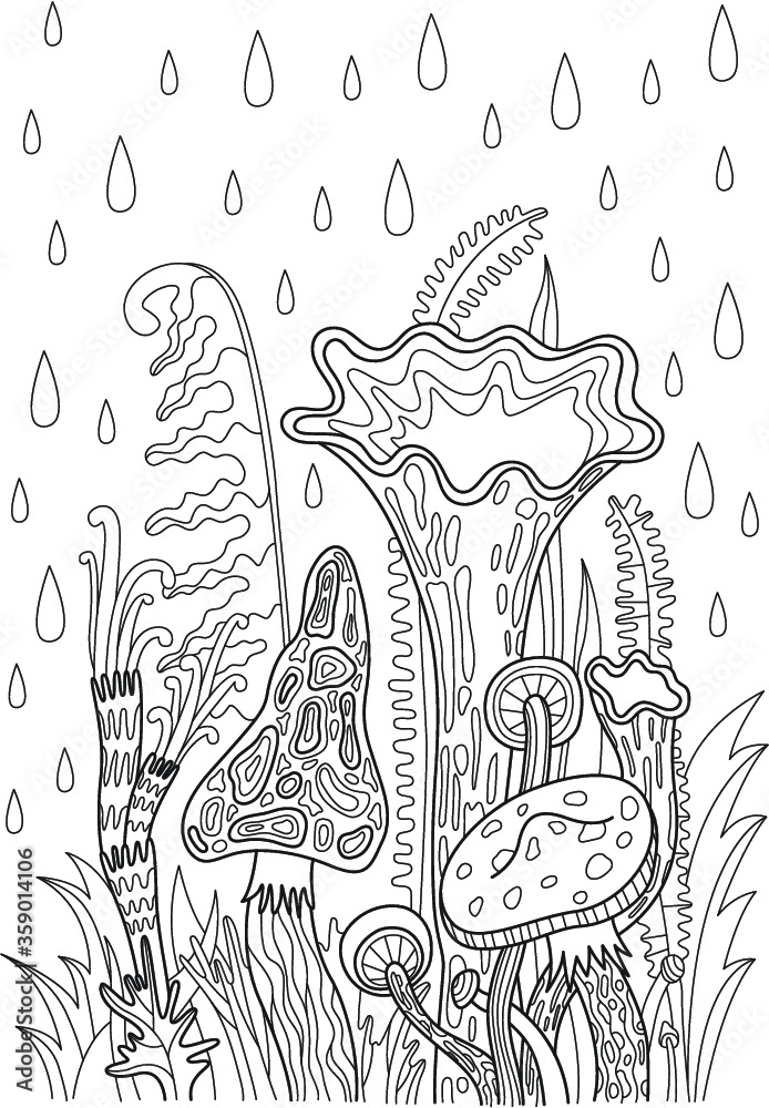 Forest mushrooms under rain coloring page. Outline illustration for ...