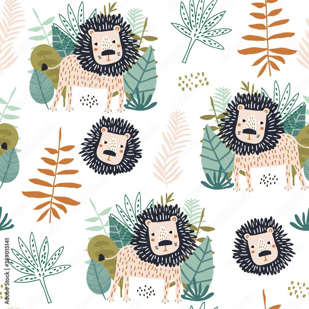Seamless jungle pattern with funny lions and tropical elements ...