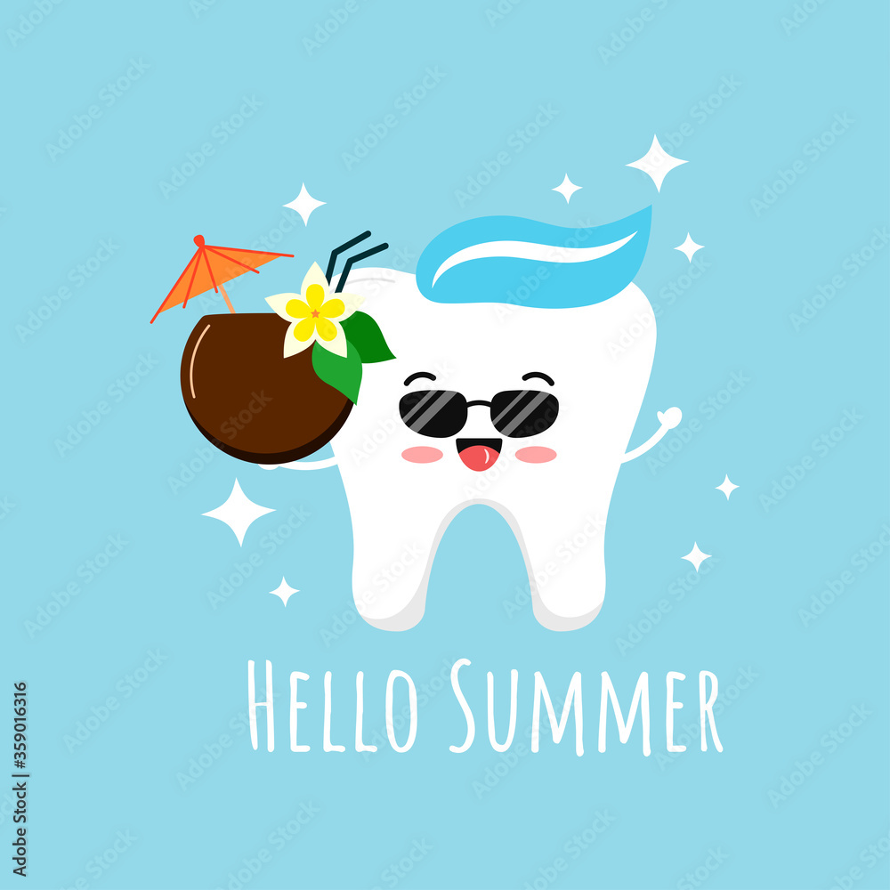 Cute tooth emoji with sunglasses and hawaii coconut cocktail wit ...