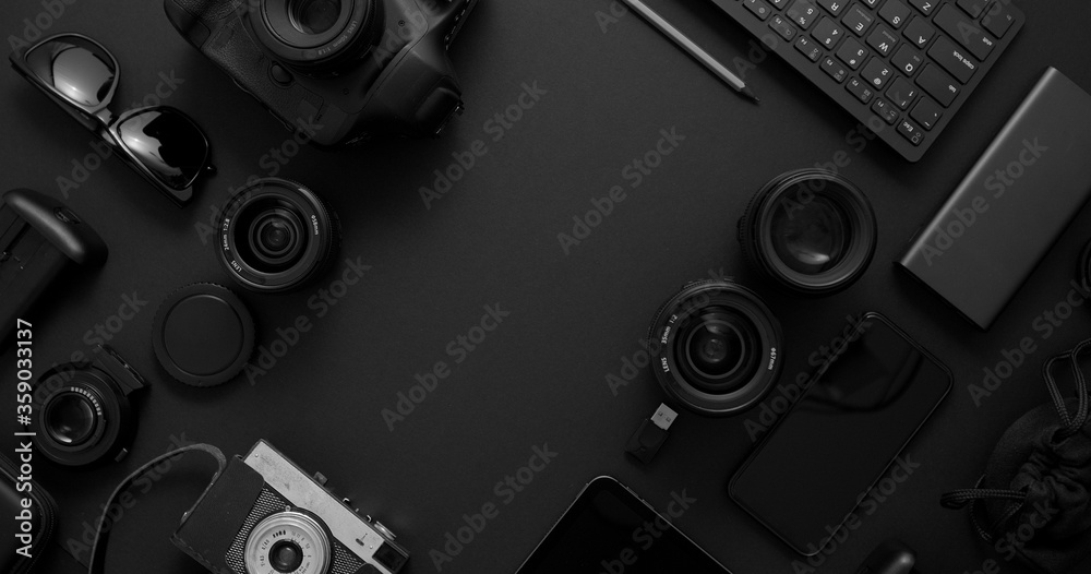 hotographer workspace concept. Various digital and analog gadgets ...