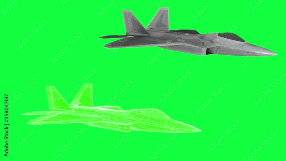 Military plane, rotate animation , wireframe render. green screen ...