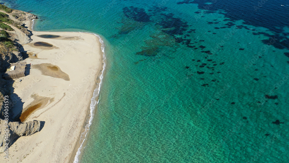Aerial drone photo of famous big sand emerald sea beach or Megali Amos ...