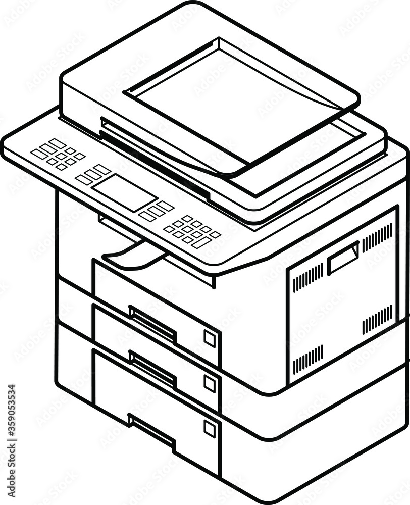 Line style drawing of a multifunction office laser printer. With 3 ...