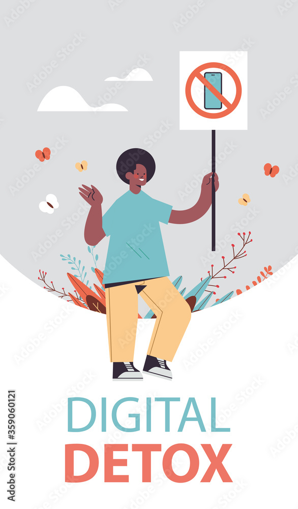 man holding banner with sign prohibiting use smartphone digital detox ...