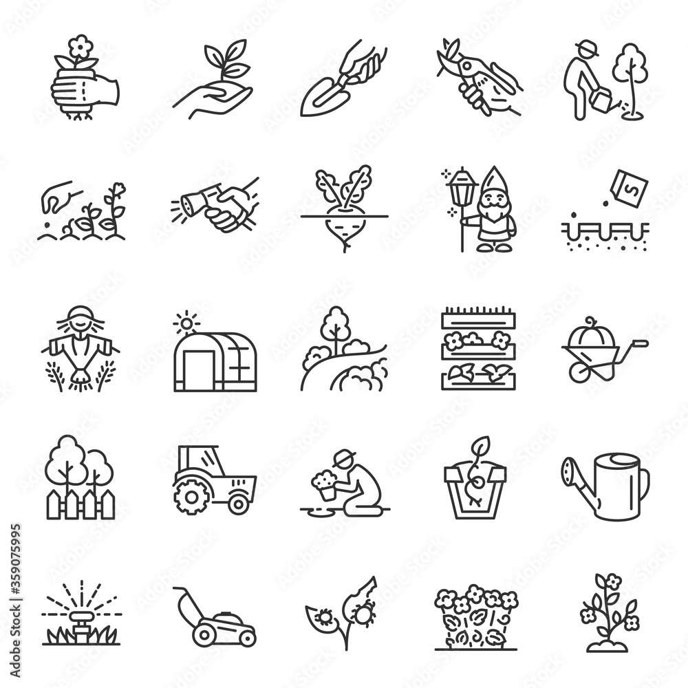 Gardening and horticulture, icon set. growing and cultivating plants ...