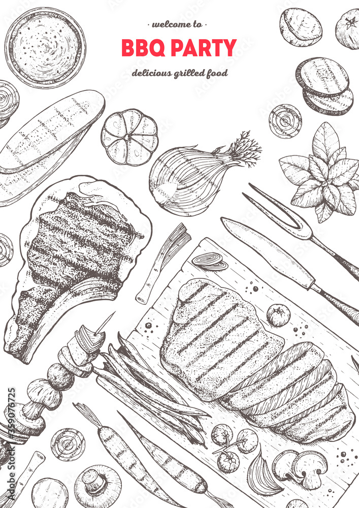 Grilled meat and vegetables top view frame. Vector illustration ...