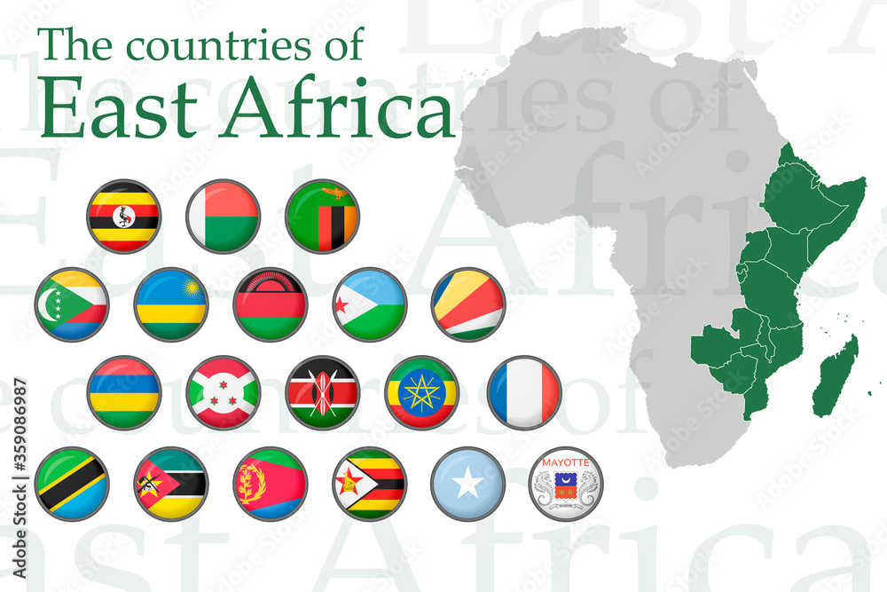 Set of icons for East Africa flags. Vector image of flags and maps of ...
