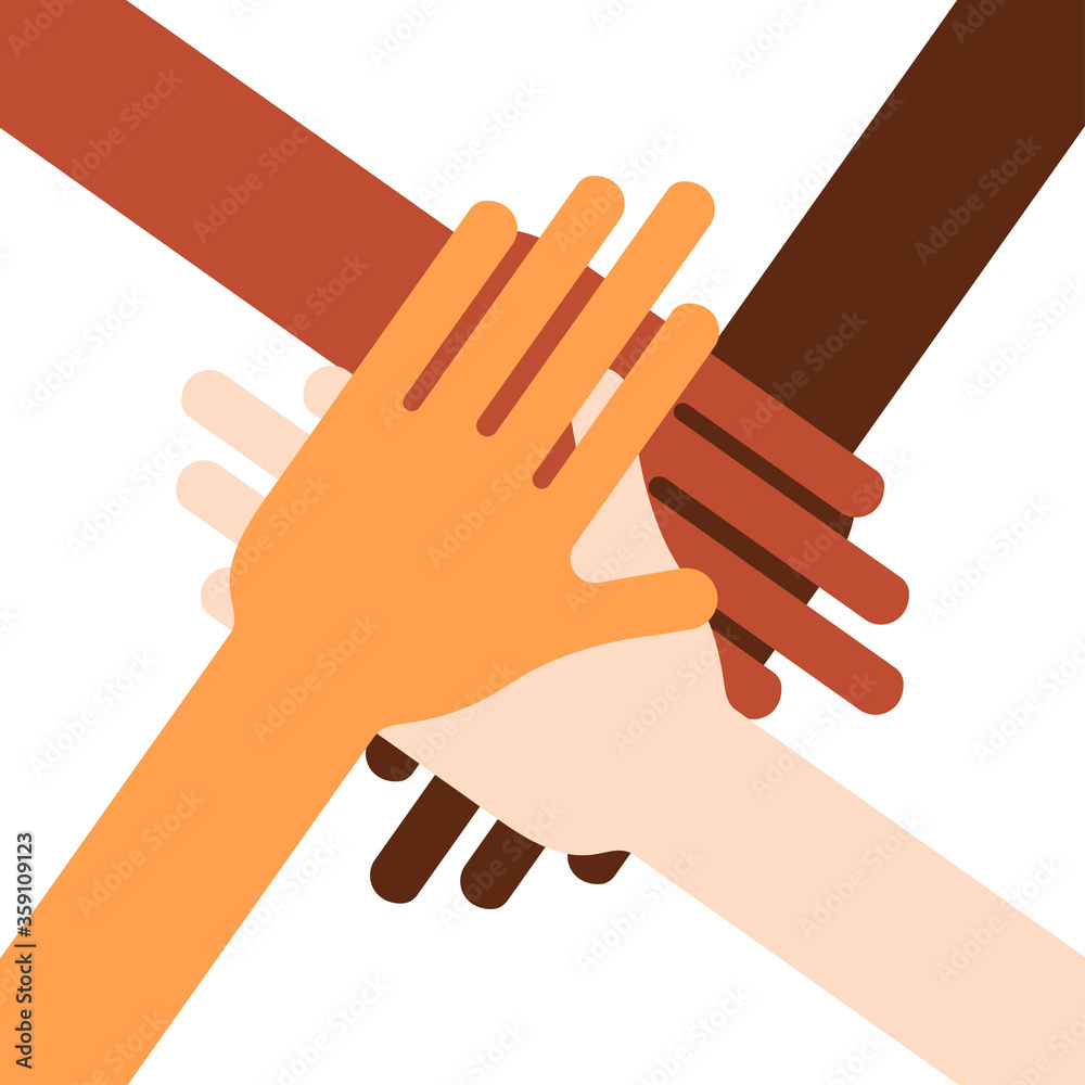 international group of people putting hands together. Unity, assistance ...