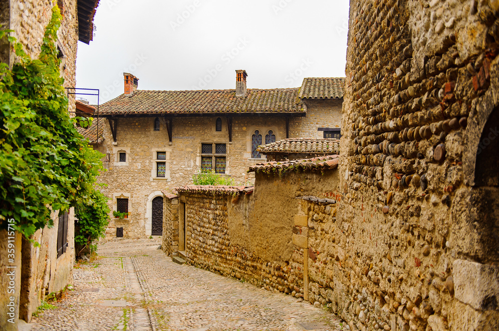 Medieval architecture of Perouges, France, a walled town, a popular ...