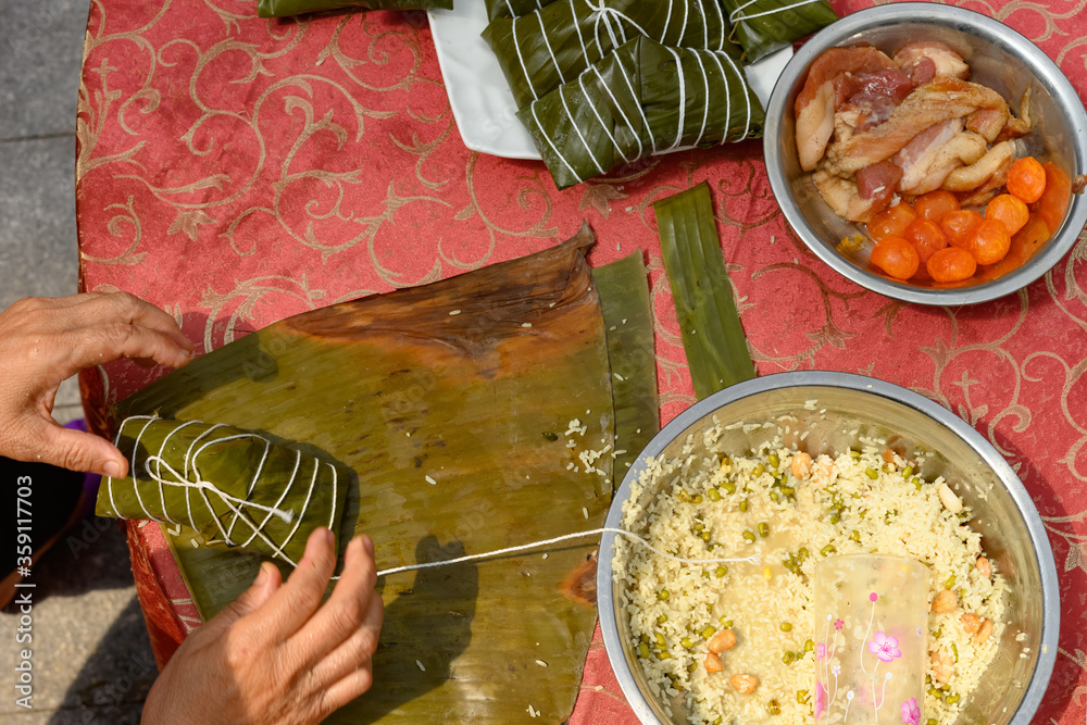 top view madam just finished wrapping the traditional Chinese ZongZi ...