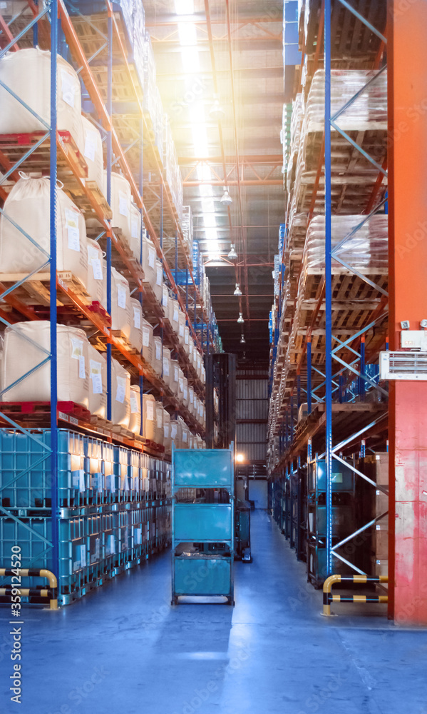 Large distribution warehouse interior, pallets, and boxes of cargo ...