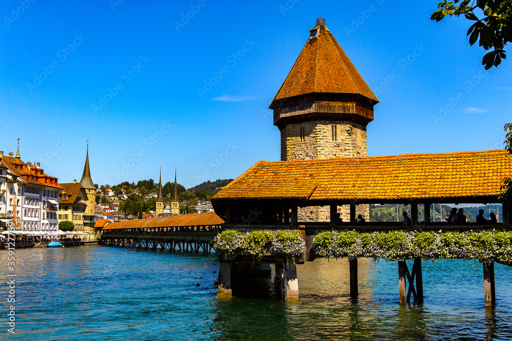 Wasserturm (water tower) of the Kapellbrucke (Chapel Bridge) Lucerne, a ...