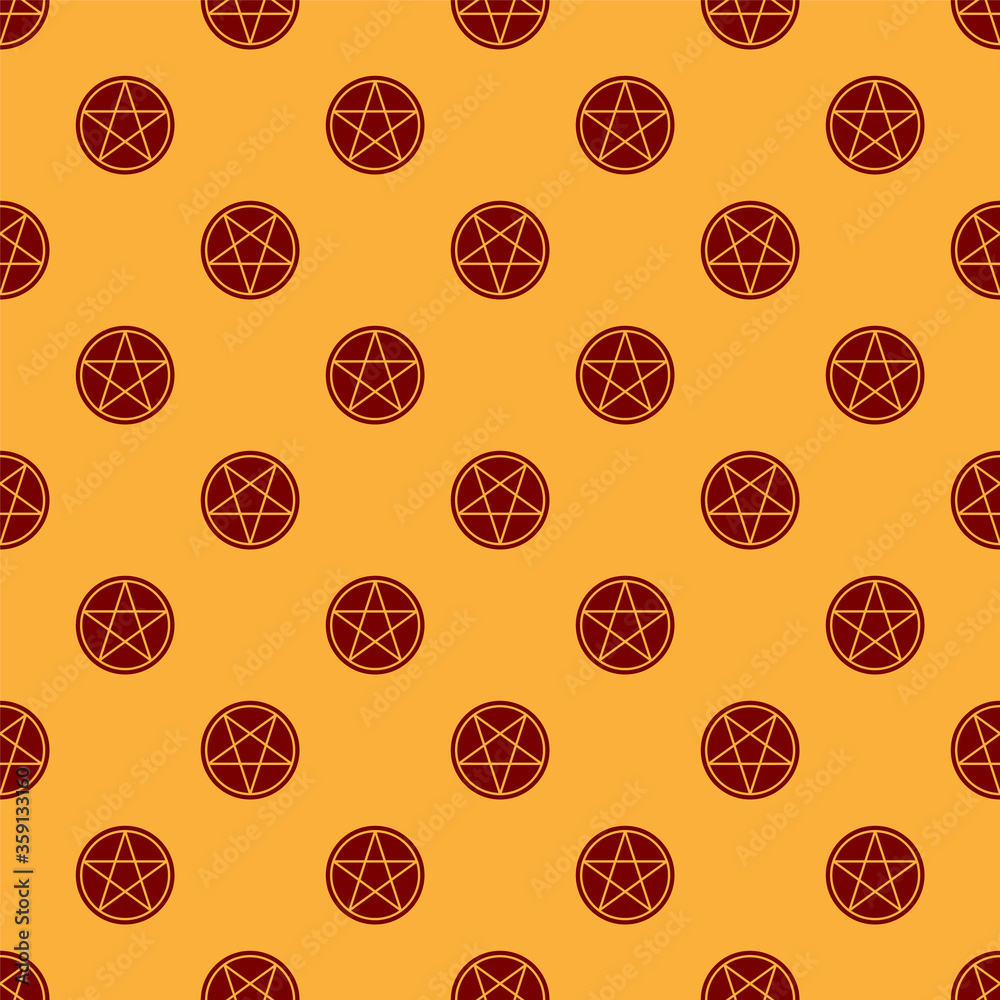 Red Pentagram in a circle icon isolated seamless pattern on brown ...