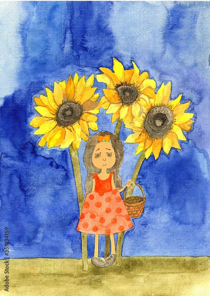 watercolor illustration of a cute girl in a red dress and a bow on her ...