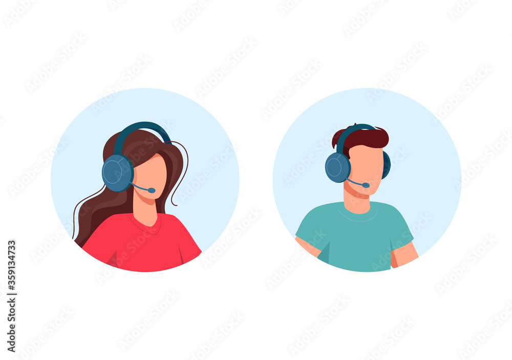 Icons of support specialist, call center employee, man and woman ...