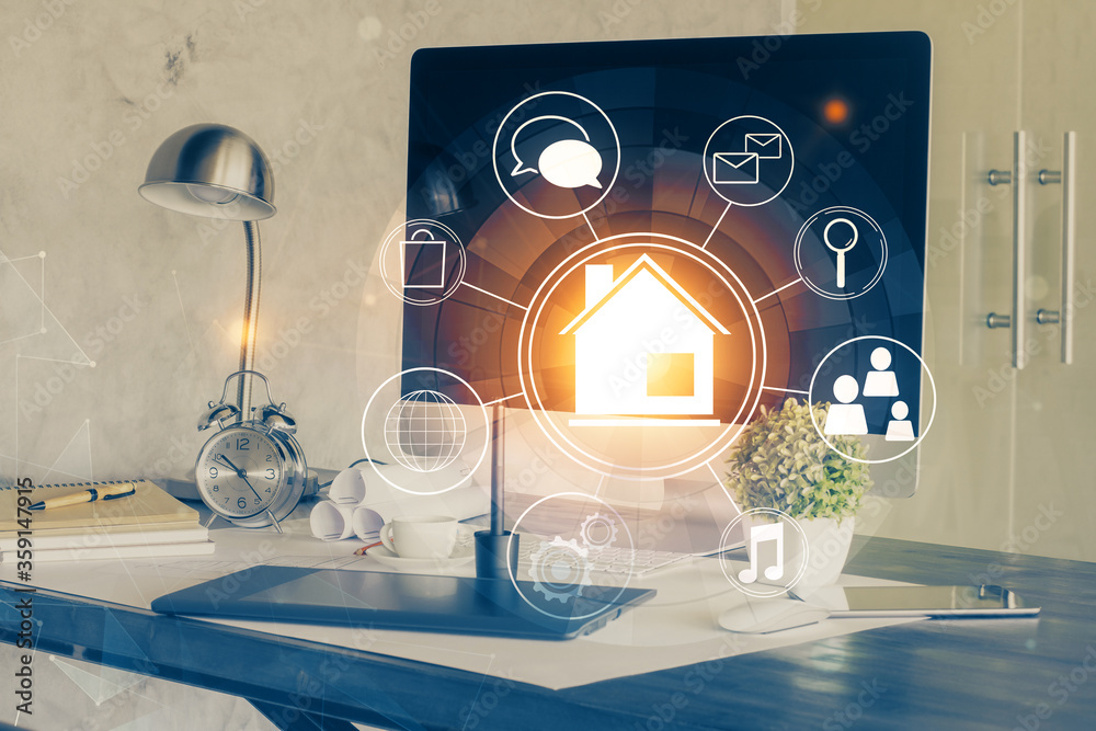 Desktop computer background in office and big town buildings hologram ...