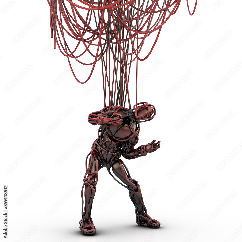 roter humanoider Roboter hängt in der Verkabelung Stock Illustration ...