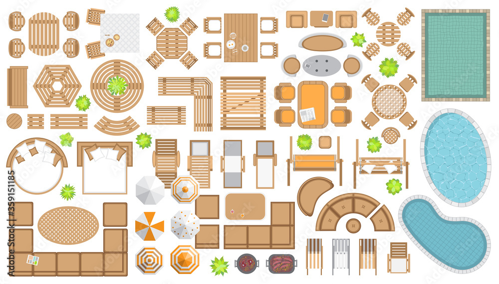 Icons set. Outdoor furniture and patio items. (top view) Isolated ...