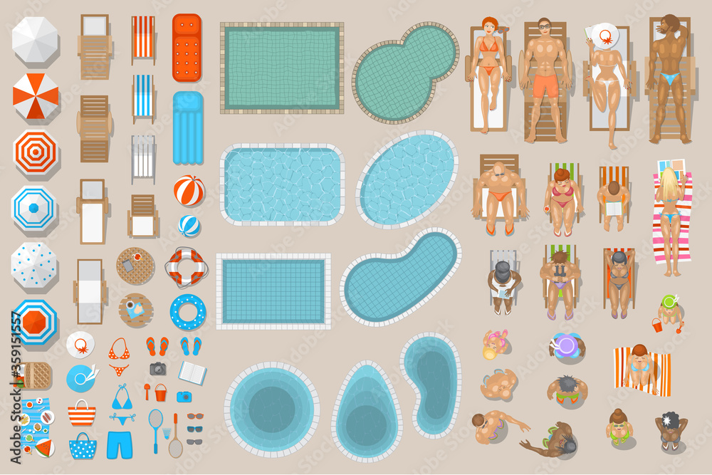 Vector set. Swimming pool top view. Pools of various shapes, furniture ...