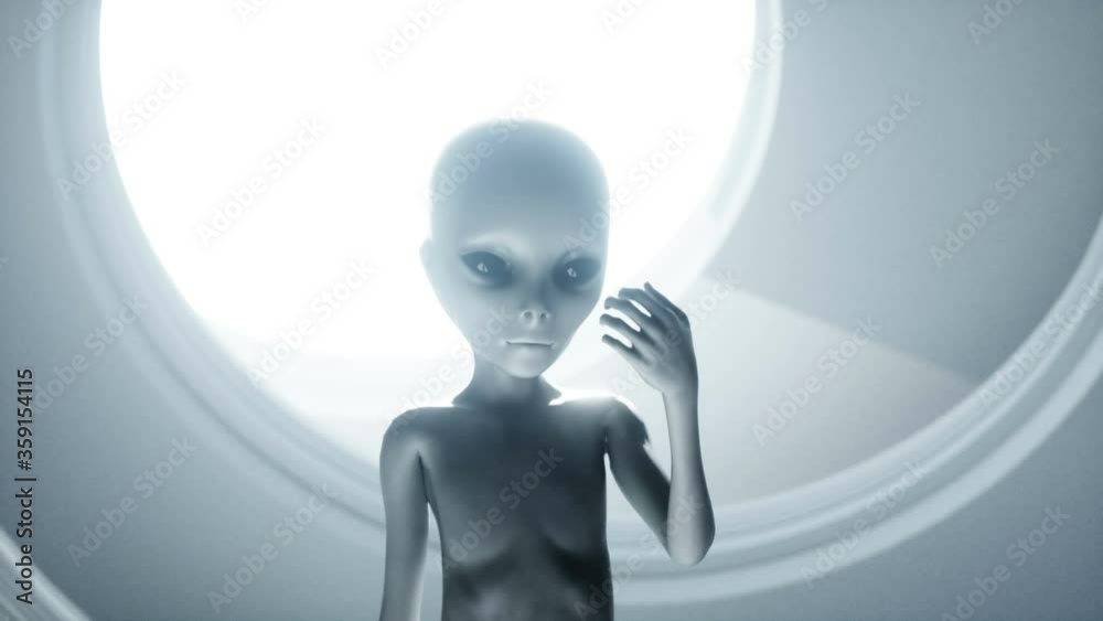 Alien in Futuristic room with round window. Volumetric light. Future ...