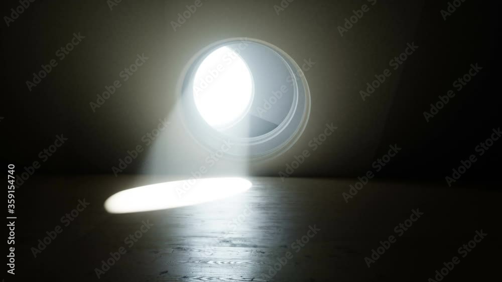Futuristic room with round window. Volumetric light. Future concept ...