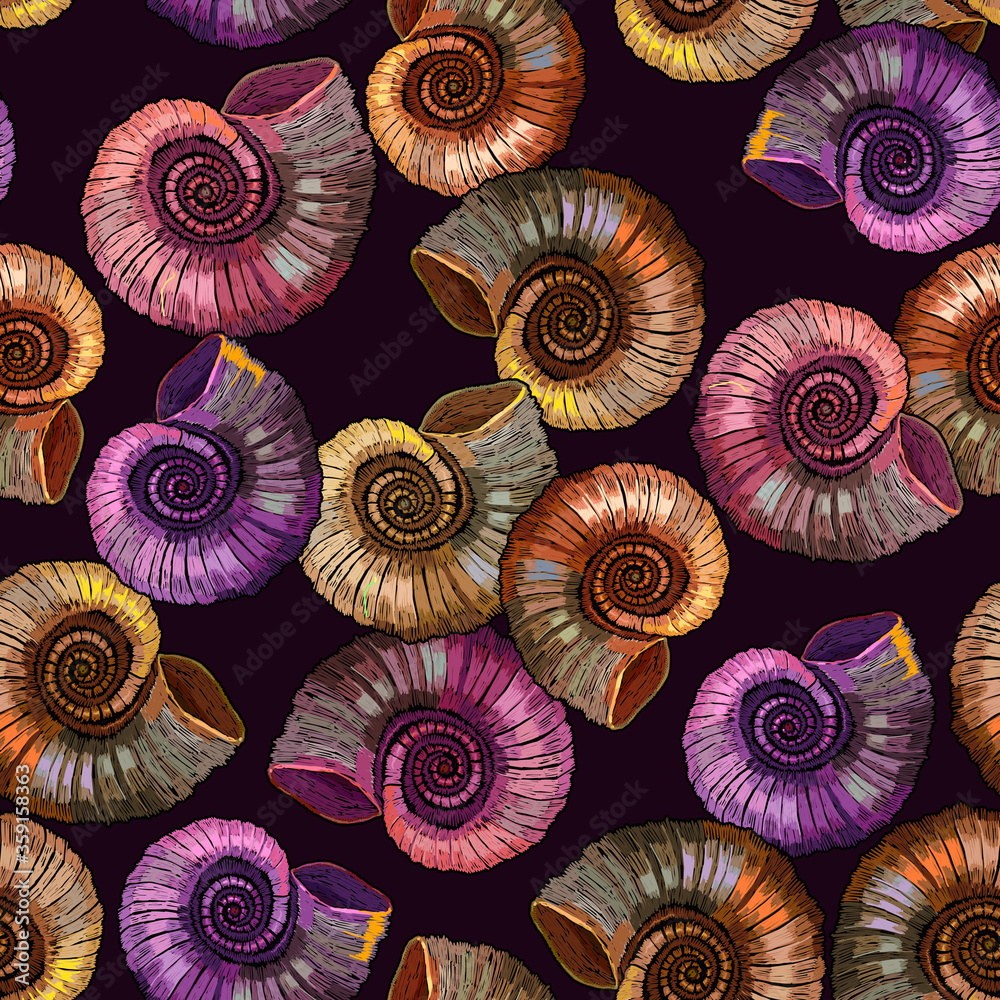 Ammonite fossil seamless pattern. Embroidery. Archeology and ...