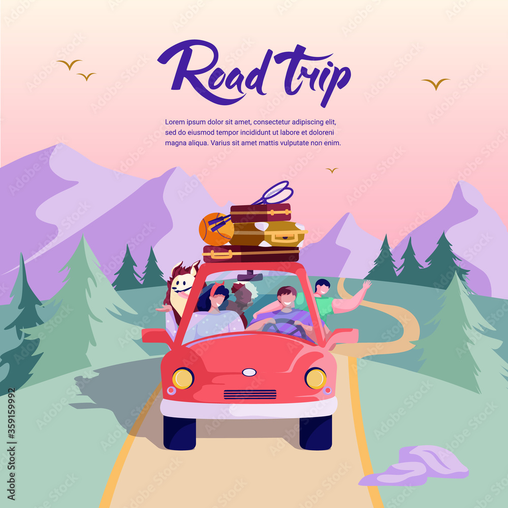 Family road trip on a red car. Happy mom, dad, son with a dog on ...