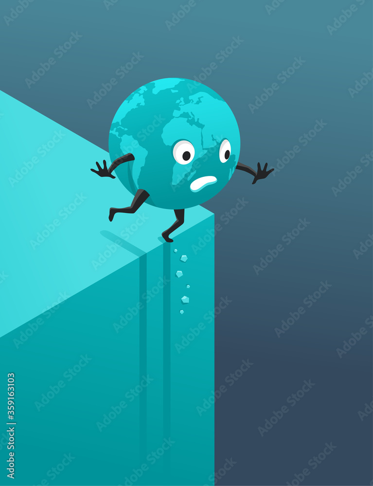Global crisis concept - cartoon planet Earth globe stumbled on the edge ...