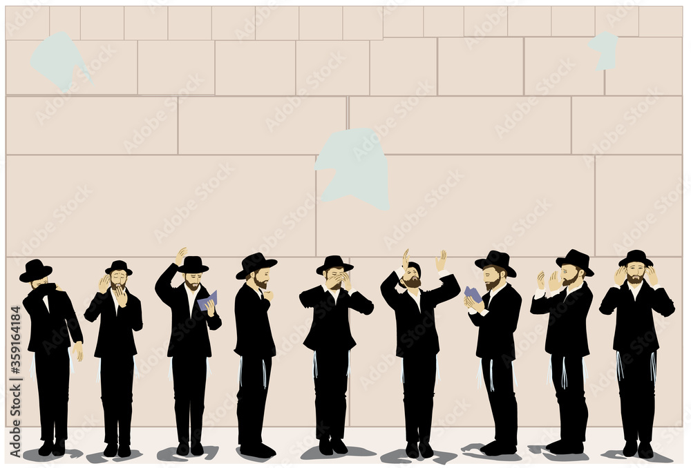 Nine religious ultra - Orthodox Jewish men pray. Some read from "prayer ...