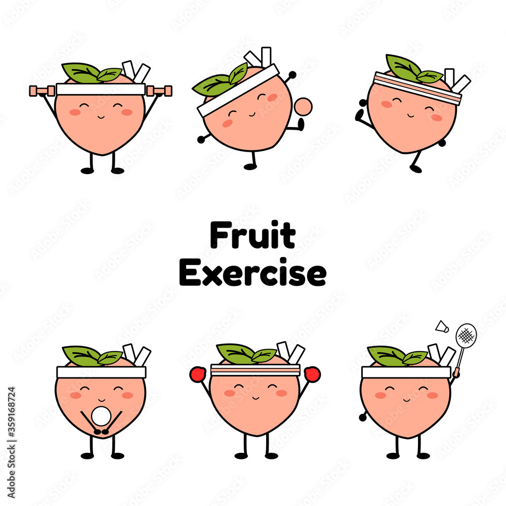 Peach exercise character. Sport icon. Happy face fruit icon. Cute style ...