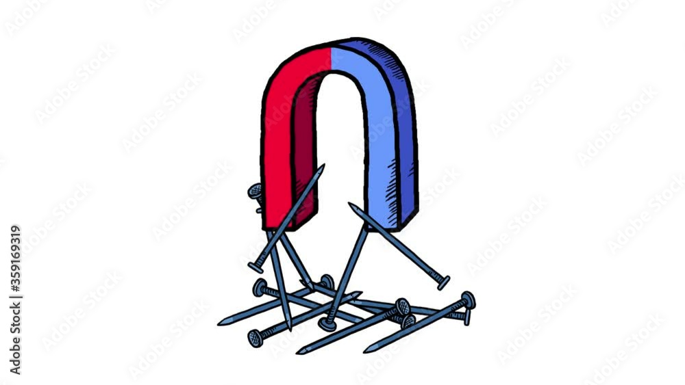Magnet pulling nails. Physics. Experiment illustrating physical process ...
