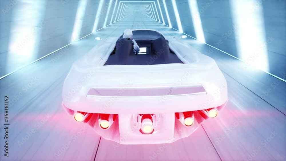 futuristic flying car with woman fast driving in sci fi tunnel, coridor ...
