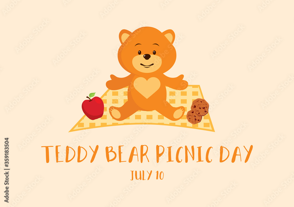 Teddy Bear Picnic Day vector. Cute teddy bear on a picnic blanket ...