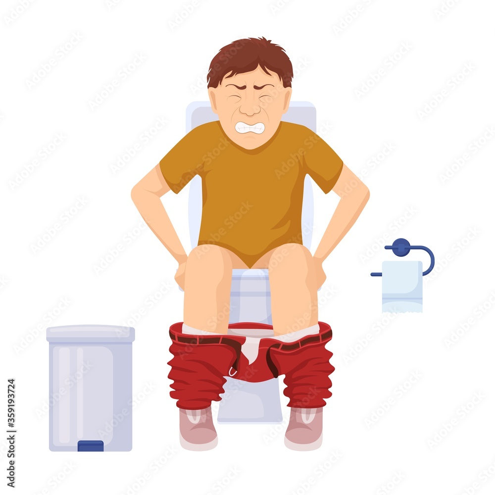 Character with constipation in toilet. Man stomach problems sits on ...