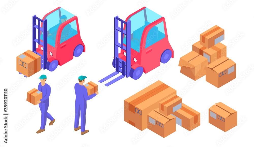 Delivery preparation process isometric. Warehouse workers blue uniform ...